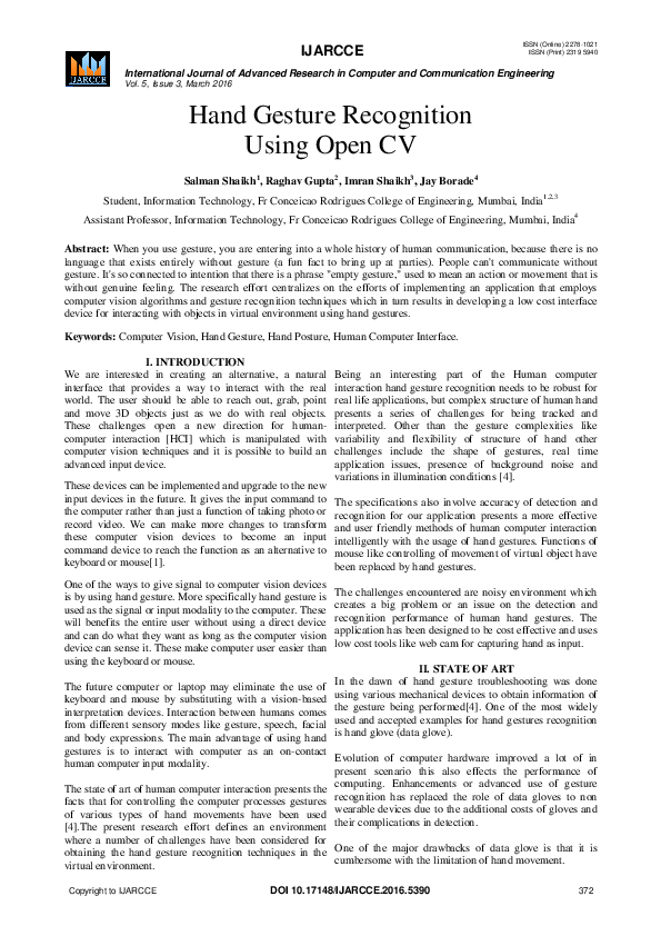 (PDF) Hand Gesture Recognition Using Open CV