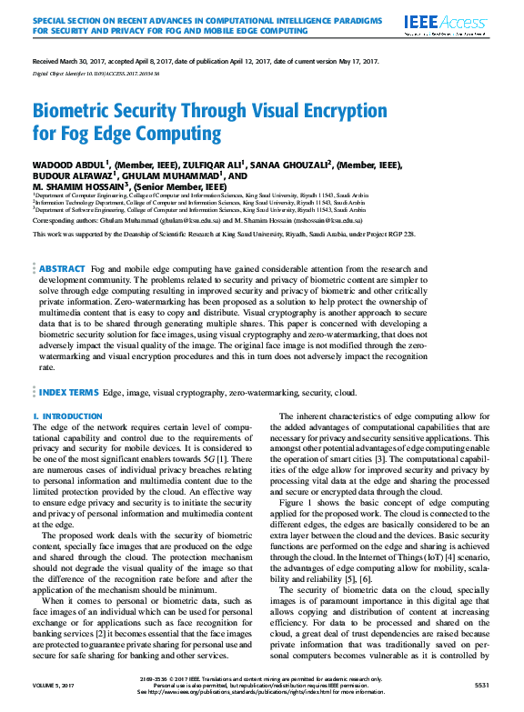 (PDF) Biometric Security Through Visual Encryption for Fog Edge Computing