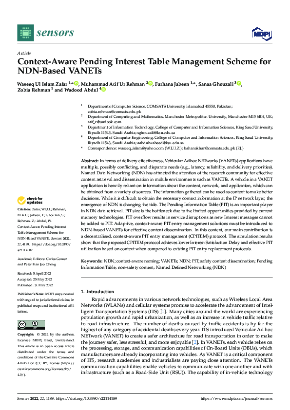 (PDF) Context-Aware Pending Interest Table Management Scheme for NDN-Based VANETs