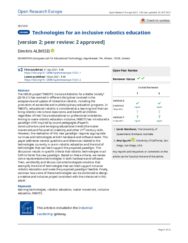 (PDF) Technologies for an inclusive robotics education