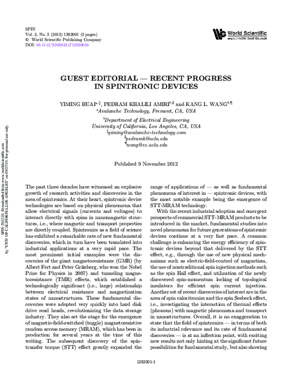 (PDF) Guest Editorial — Recent Progress in Spintronic Devices