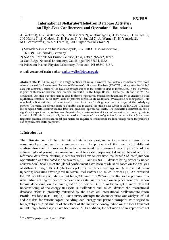 (PDF) International Stellarator/Heliotron Database progress on high-beta confinement and ...
