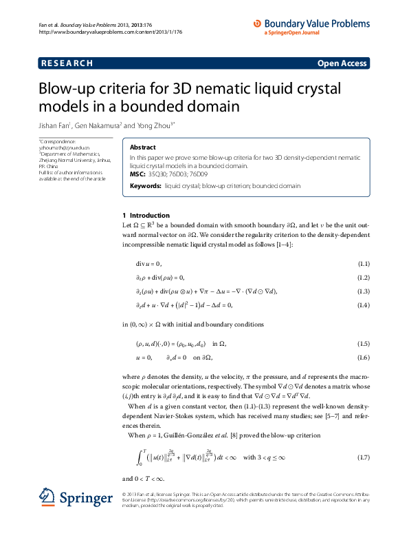 (PDF) Blow-up criteria for 3D nematic liquid crystal models in a ...