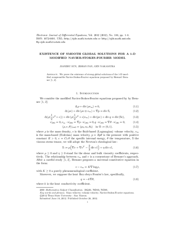 Pdf Existence Of Smooth Global Solutions For A 1 D Modified Navier Stokes Fourier Model