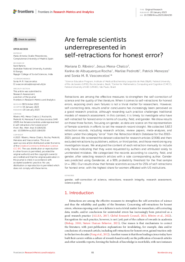 (PDF) Are female scientists underrepresented in self-retractions for ...