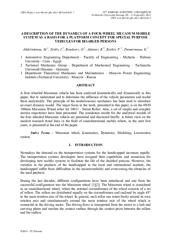 Pdf A Description Of The Dynamics Of A Four Wheel Mecanum Mobile System As A Basis For A