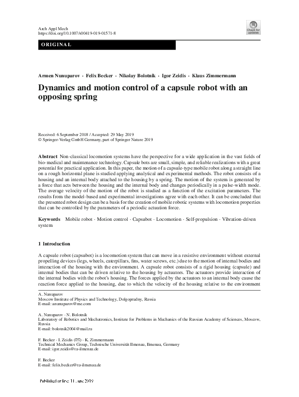 (PDF) Dynamics and motion control of a capsule robot with an opposing ...