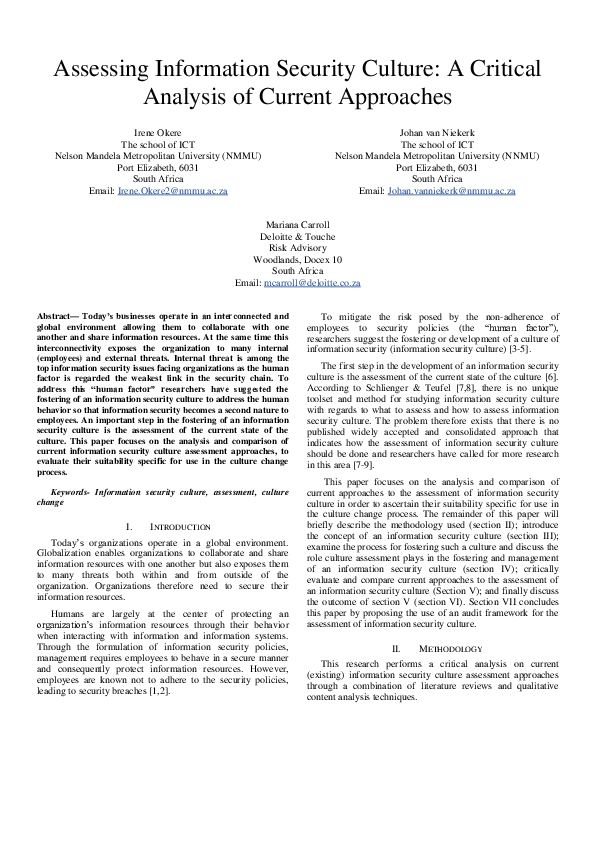 (PDF) Assessing information security culture: A critical analysis of ...
