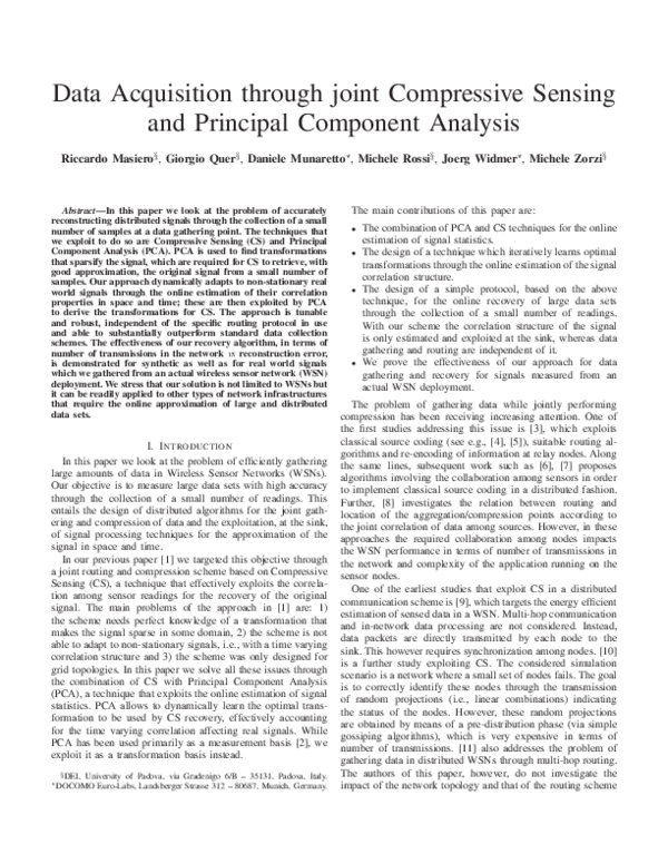Data Acquisition through Joint Compressive Sensing and Principal Component Analysis