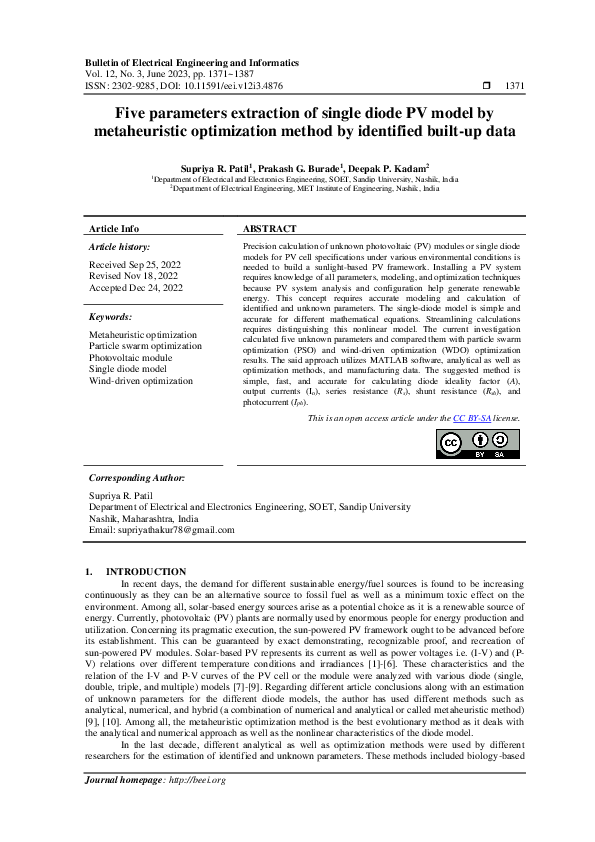Pdf Five Parameters Extraction Of Single Diode Pv Model By Metaheuristic Optimization Method