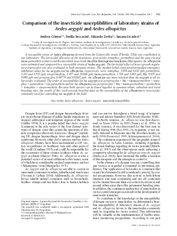 (PDF) Comparison of the insecticide susceptibilities of laboratory strains of Aedes aegypti and ...