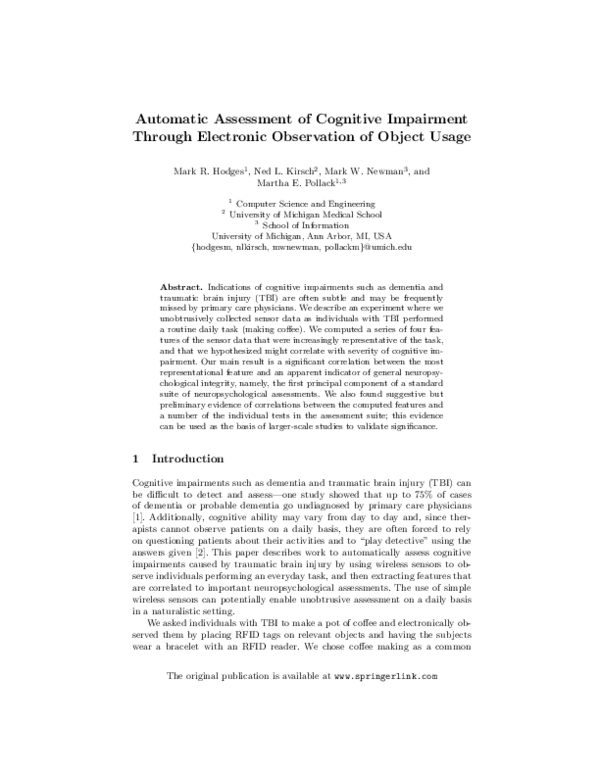 (PDF) Automatic Assessment of Cognitive Impairment through Electronic Observation of Object Usage