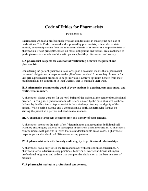 (PDF) The Code of Ethics for pharmacists