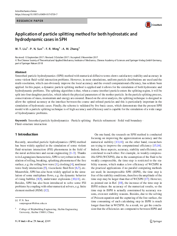 (PDF) Application of particle splitting method for both hydrostatic and hydrodynamic cases in SPH