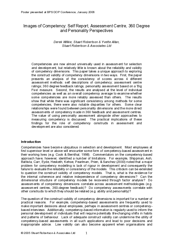 (PDF) Images of Competency: Self Report, Assessment Centre, 360 Degree and Personality Perspectives