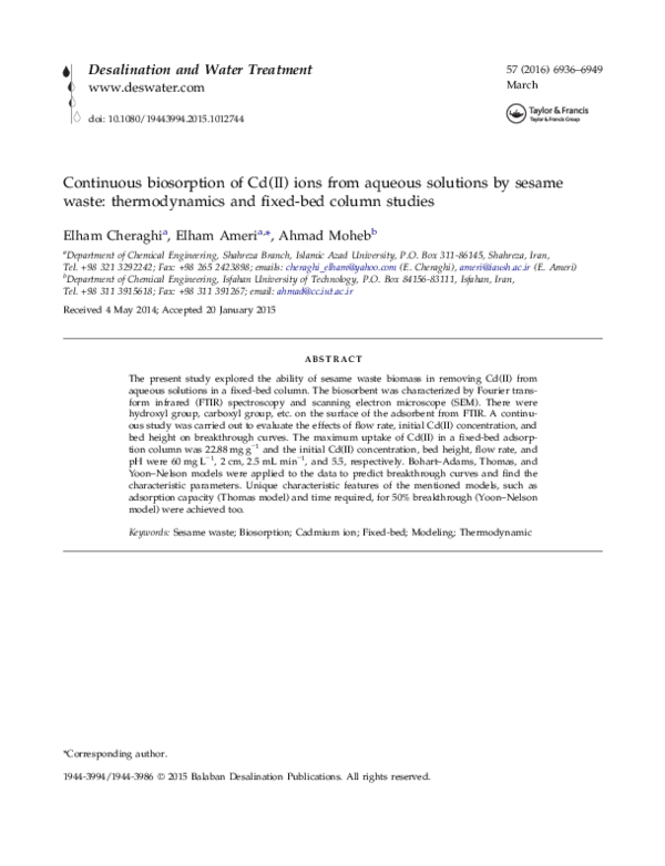 (PDF) Continuous biosorption of Cd(II) ions from aqueous solutions by sesame waste ...