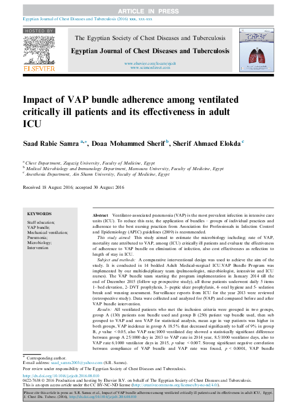 (PDF) Effectiveness of VAP Bundle Adherence in Critical Care ICUs