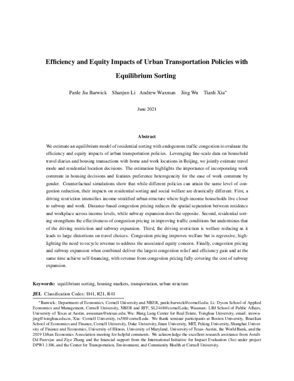 (PDF) Efficiency and Equity Impacts of Urban Transportation Policies with Equilibrium Sorting