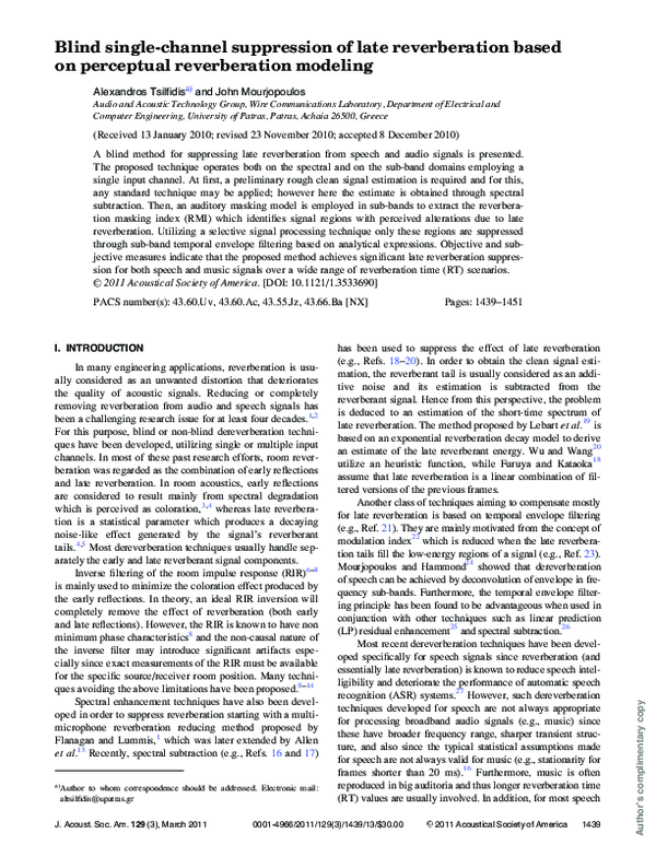 (PDF) Blind single-channel suppression of late reverberation based on perceptual reverberation ...