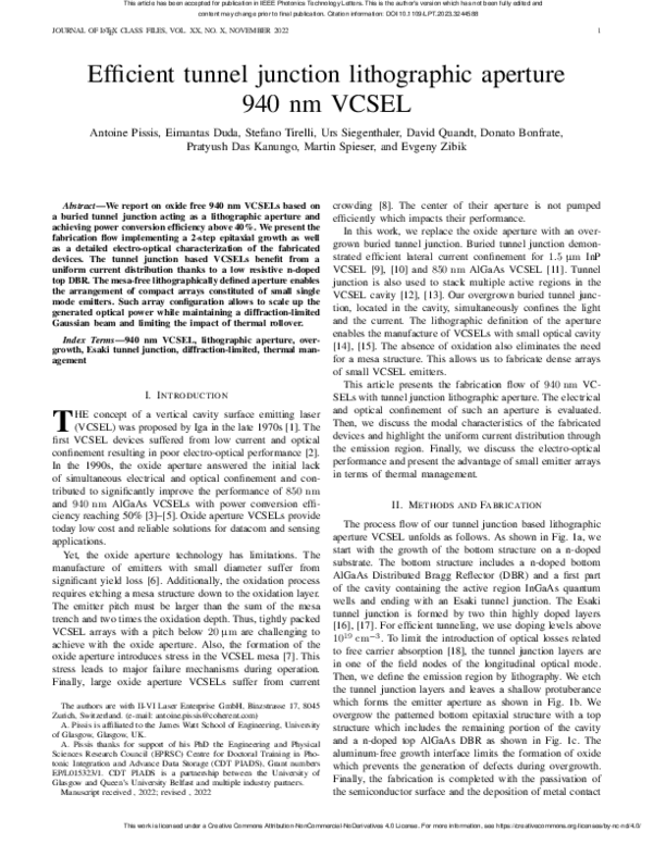 (PDF) Efficient tunnel junction lithographic aperture 940 nm VCSEL ...