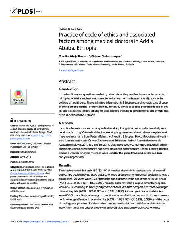 (PDF) Practice of code of ethics and associated factors among medical ...