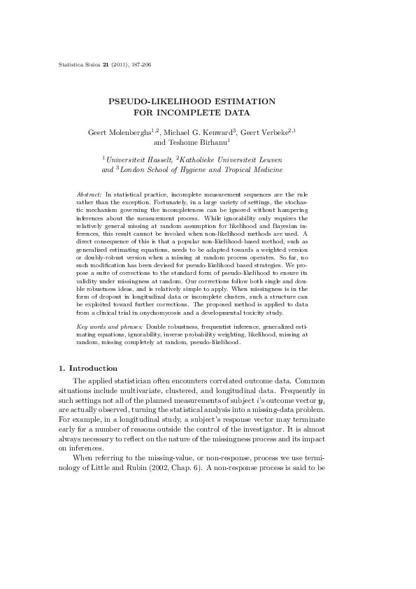 Pdf Pseudo Likelihood Estimation For Incomplete Data Birhanu Ayele 5500