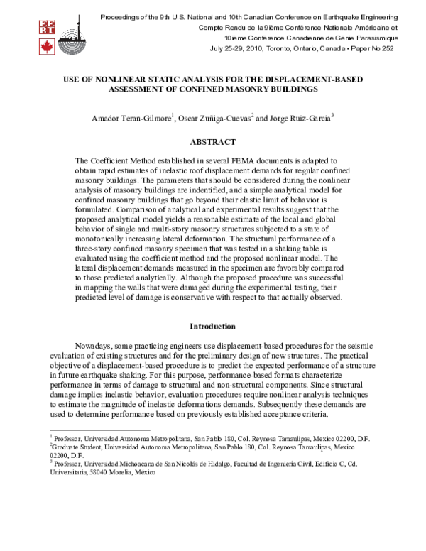 (PDF) Use of Nonlinear Static Analysis for the Displacement-Based Assessment of Confined Masonry ...