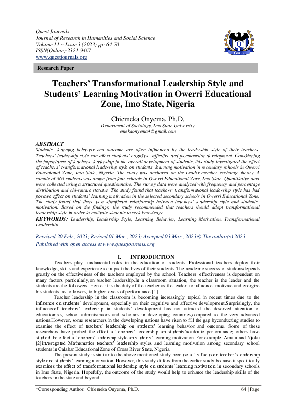 (PDF) Teachers' Transformational Leadership Style and Students' Learning Motivation in Owerri ...