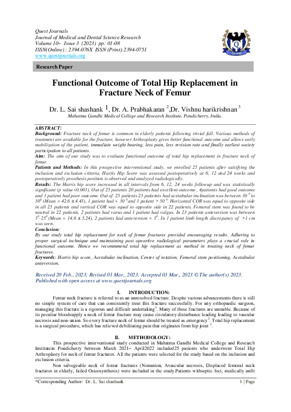 (PDF) Functional Outcome of Total Hip Replacement in Fracture Neck of Femur
