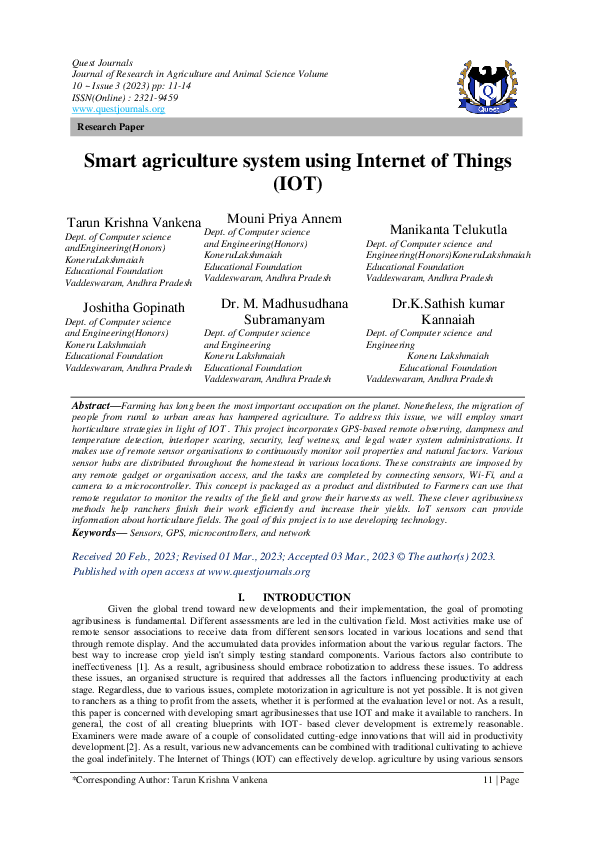 (PDF) Smart agriculture system using Internet of Things (IOT