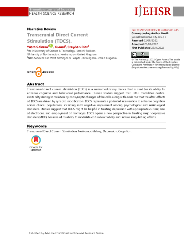 (PDF) Transcranial Direct Current Stimulation (TDCS)