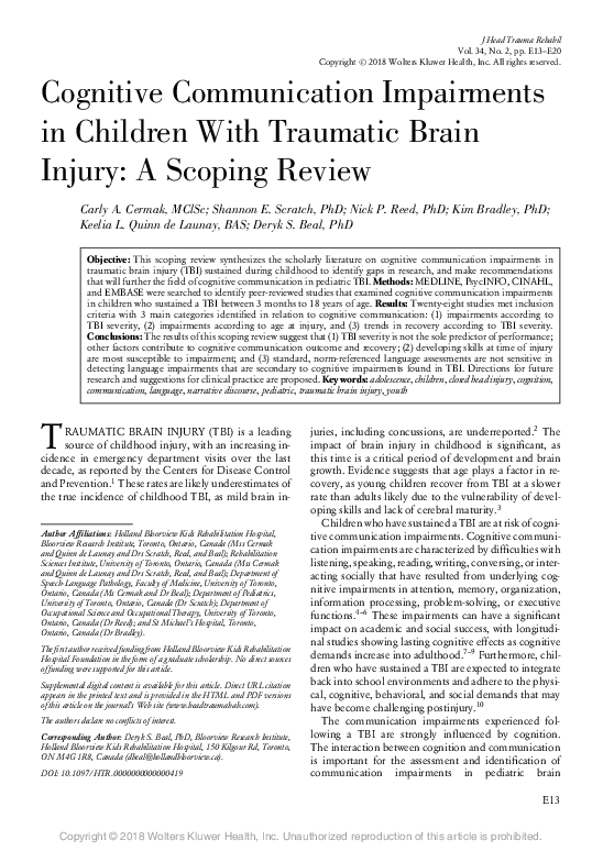 (PDF) Cognitive Communication Impairments in Children With Traumatic ...