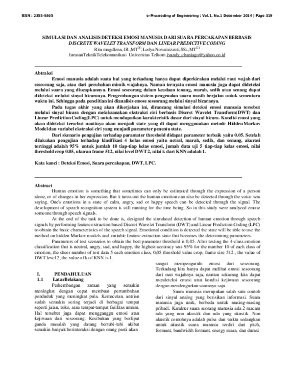 (PDF) Simulasi Dan Analisis Deteksi Emosi Manusia Dari Suara Percakapan Berbasis Discrete ...