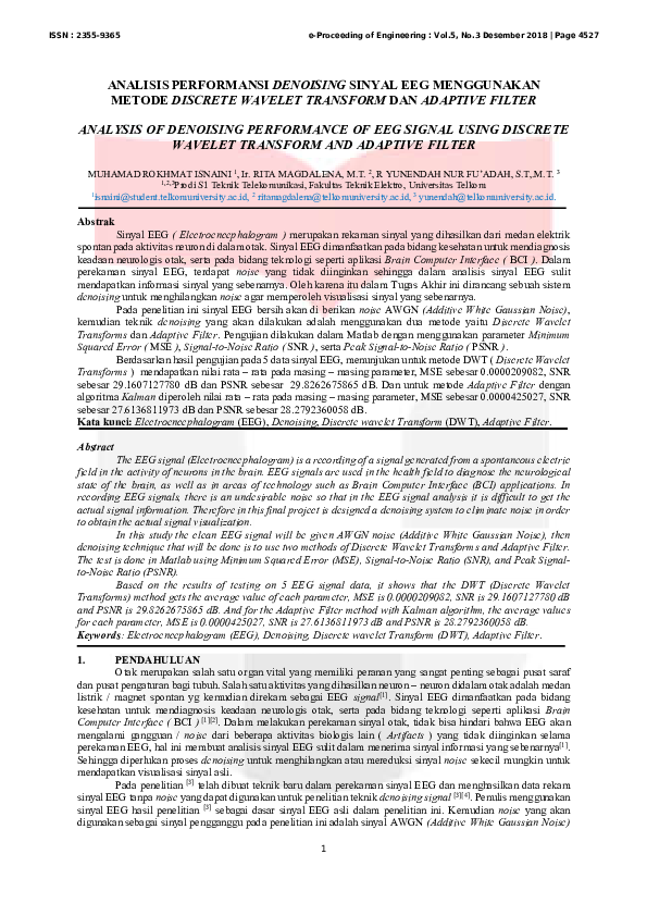Pdf Analisis Performansi Denoising Sinyal Eeg Menggunakan Metode Discrete Wavelet Transform
