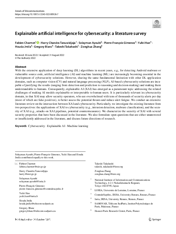 (PDF) Explainable artificial intelligence for cybersecurity: a literature survey