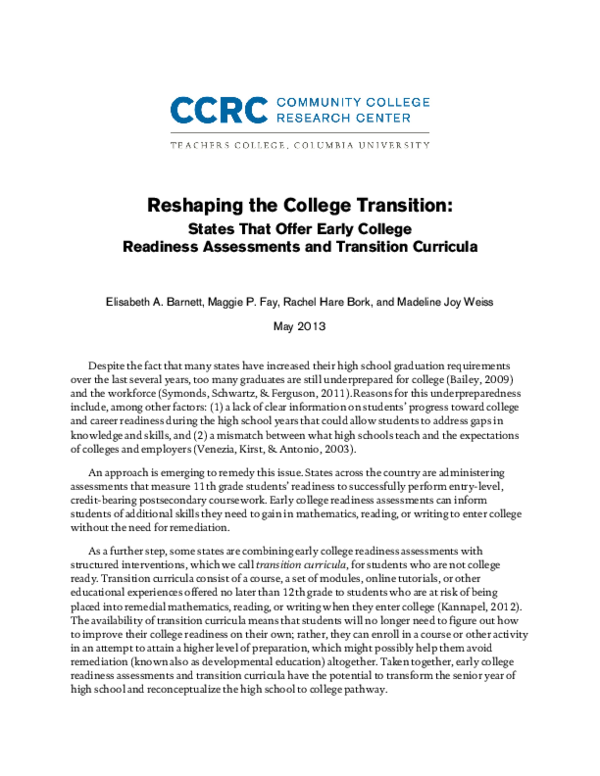 (PDF) Reshaping the College Transition: States That Offer Early College ...