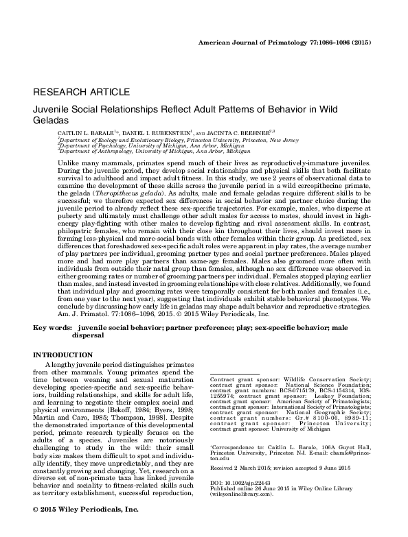 (PDF) Juvenile social relationships reflect adult patterns of behavior ...