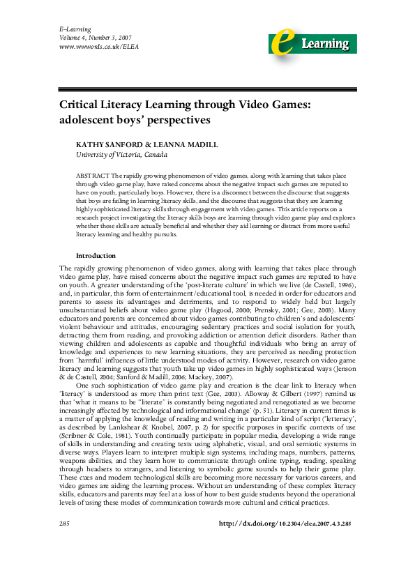 (PDF) Critical Literacy Learning through Video Games: adolescent boys ...