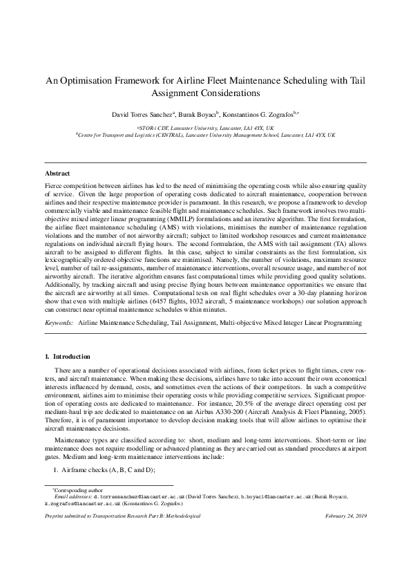 (PDF) An optimisation framework for airline fleet maintenance scheduling with tail assignment ...
