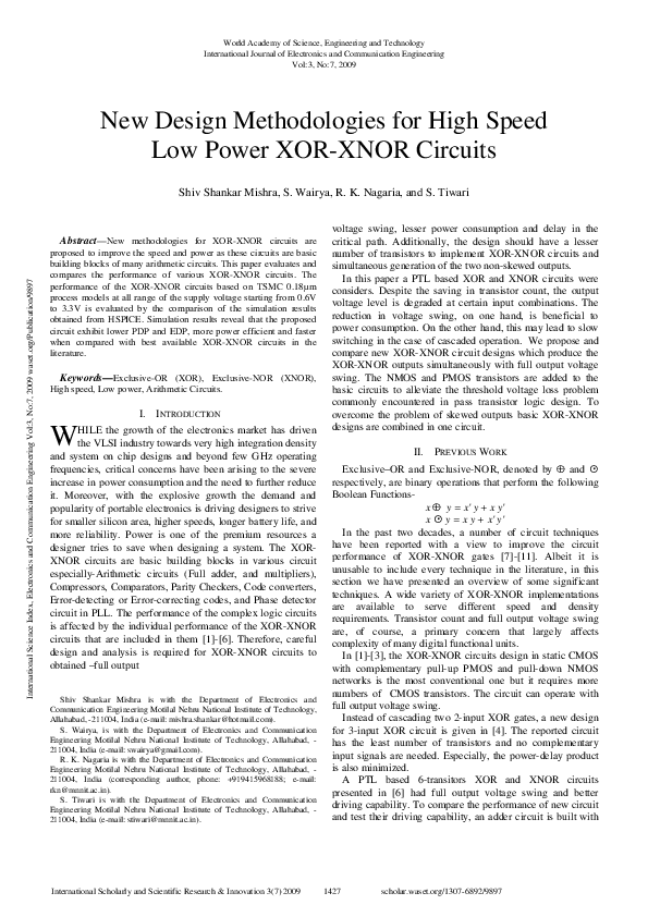 (PDF) New Design Methodologies For High Speed Low Power Xor-Xnor Circuits