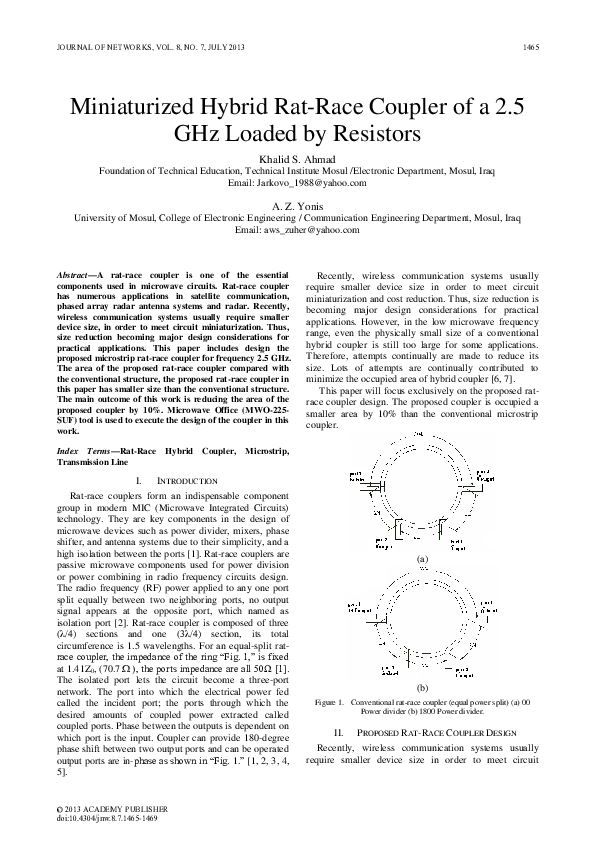 (PDF) Miniaturized Hybrid Rat-Race Coupler of a 2.5 GHz Loaded by Resistors