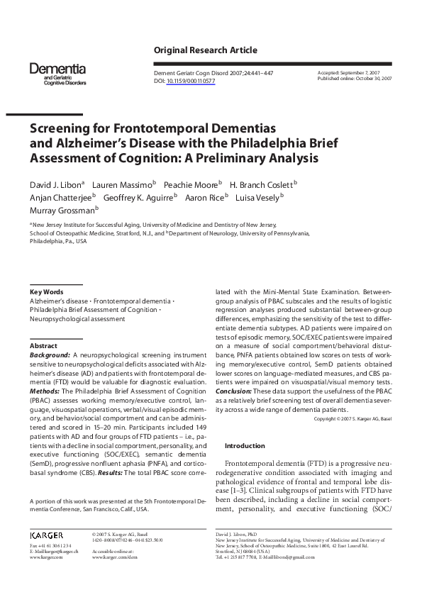 (PDF) Screening for Frontotemporal Dementias and Alzheimer’s Disease ...