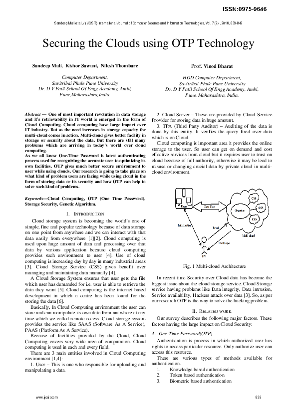 Pdf Securing The Clouds Using Otp Technology