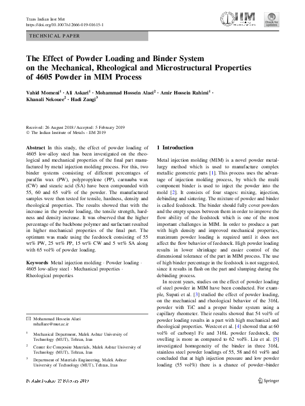 (PDF) The Effect of Powder Loading and Binder System on the Mechanical ...