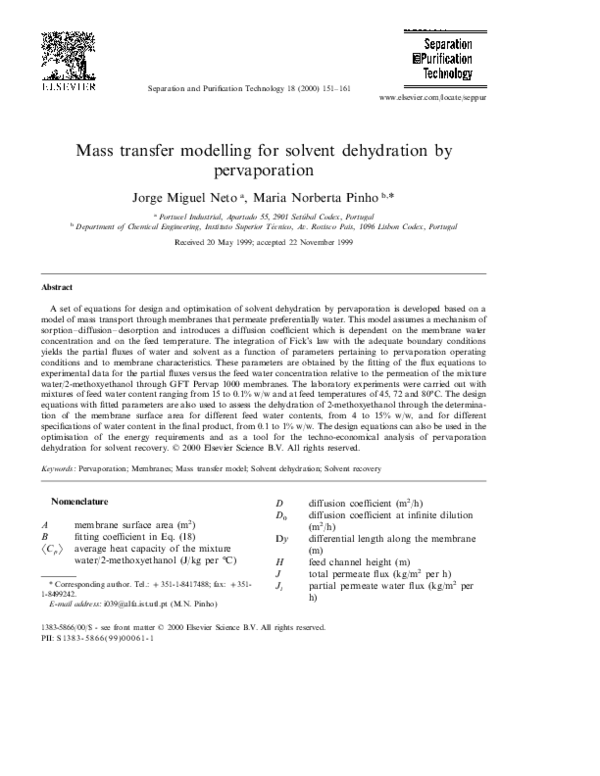 (PDF) Mass transfer modelling for solvent dehydration by pervaporation