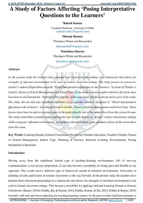 (PDF) A Study of Factors Affecting 'Posing Interpretative Questions to the Learners'