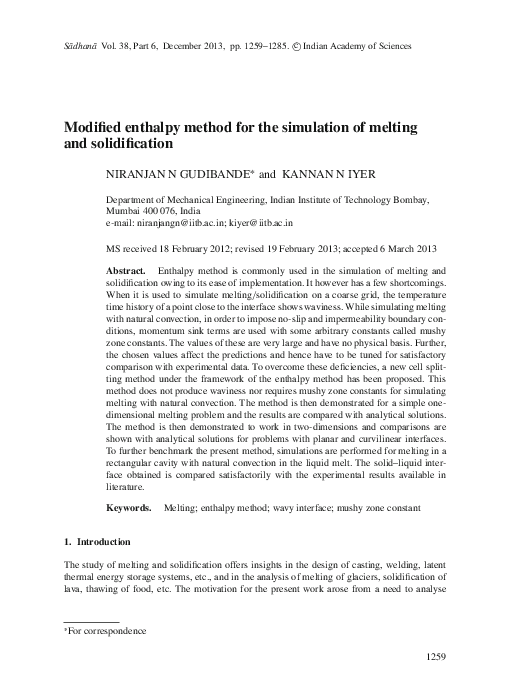 (PDF) Modified enthalpy method for the simulation of melting and solidification