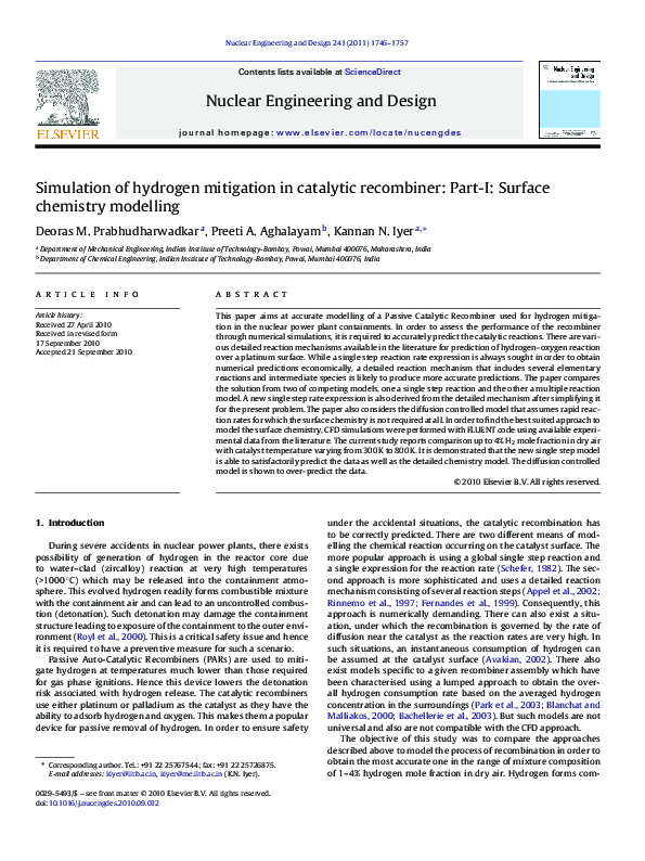 (PDF) Simulation of hydrogen mitigation in catalytic recombiner. Part ...
