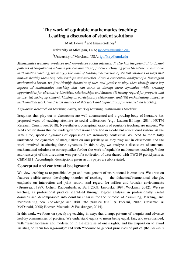 (PDF) The work of equitable mathematics teaching: Leading a discussion ...