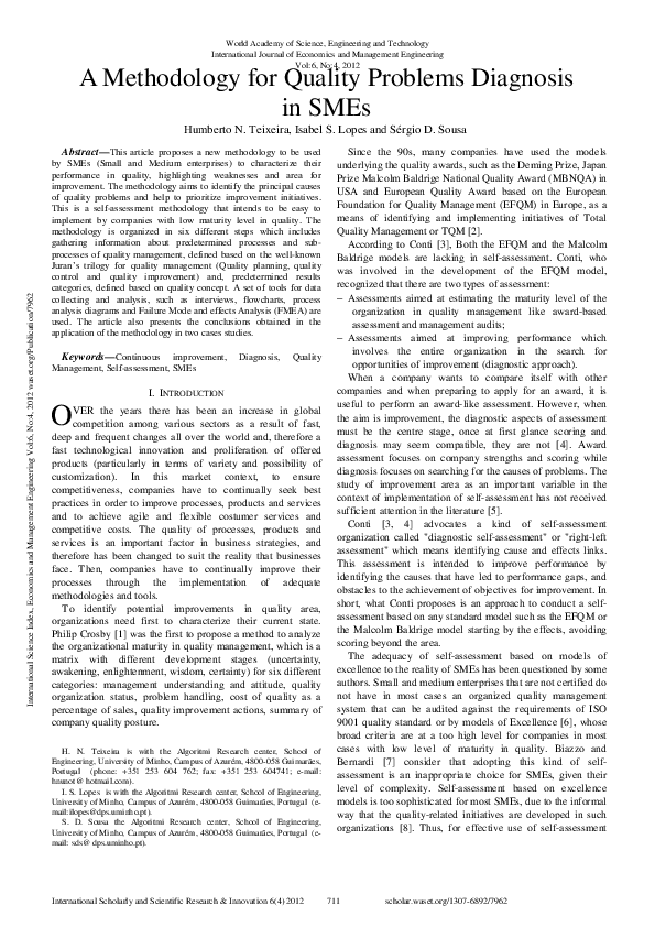 (PDF) A Methodology For Quality Problems Diagnosis In Smes